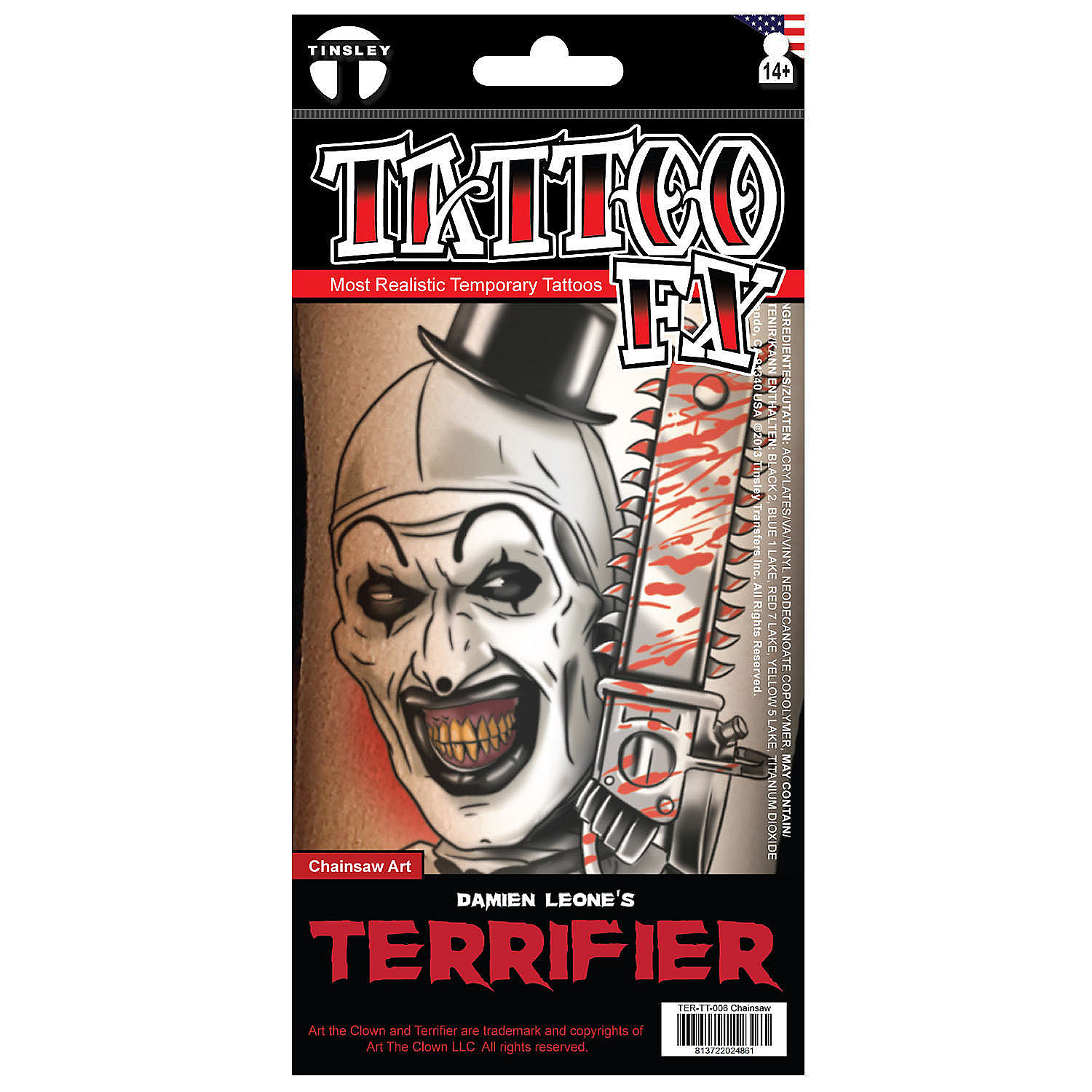 Tinsley Transfers Terrifier Art the Clown Chainsaw Art Temporary Tattoo ...